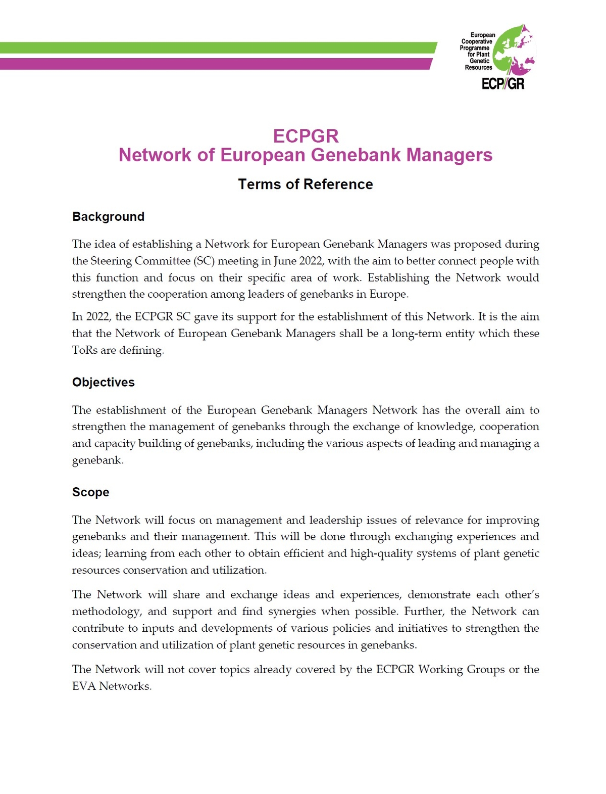 ECPGR: ECPGR Network of European Genebank Managers - Terms of Reference